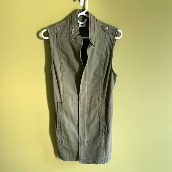 CAbi | Jackets & Coats | Cabi Long Dark Sage Green Twill Vest With Gold ...